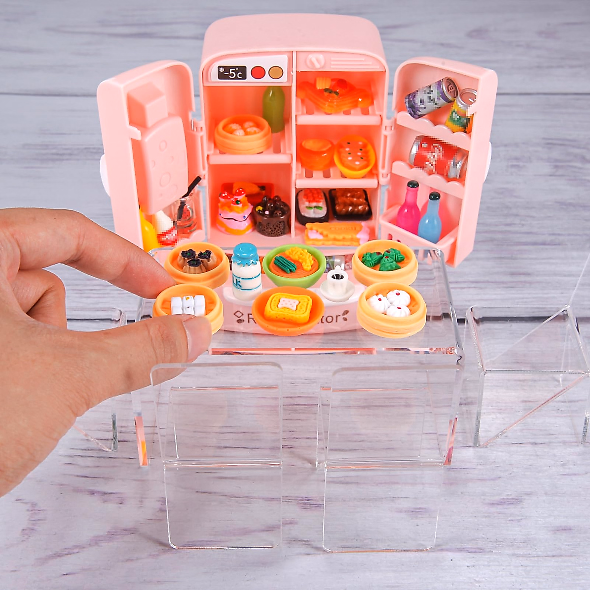 95 Pcs Dollhouse Refrigerator Mini Fridge Table Dining Car Toy with Food Set Kitchen Furniture Miniatures Party Fruits Juice Milk Desserts for Children Drink Cake Pretend Play Game Fake Ice Cubes