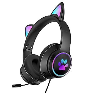 LVOERTUIG Cat Ear Headphones,Foldable and Stretchable Wireless Bluetooth Gaming Headset with RGB LED Light Wired Gaming Headset Stereo Sound,Over Ear Headphones Gift for Kids and Adult