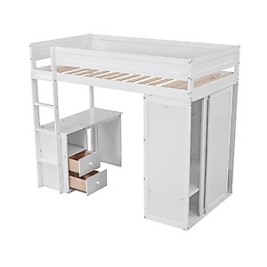 Harper & Bright Designs Twin Size Loft Bed with Desk and Wardrobe, Wooden Twin Loft Bed with 2 Storage Drawers Cabinet, Twin Bedframe for Kids, Teens, Adults Boys & Girls (Loft Bed Twin, White)