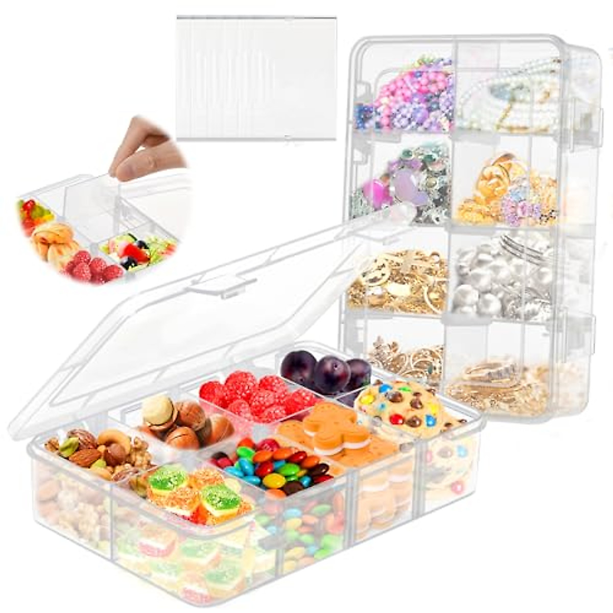 Snack Box Container, 2 Pcs Snackle Tray Adjustable 8 Compartments Divided Reusable Meal Prep Food Storage Containers Portable Snack Platters for School, Work, Travel, Picnics, Candy Organizer