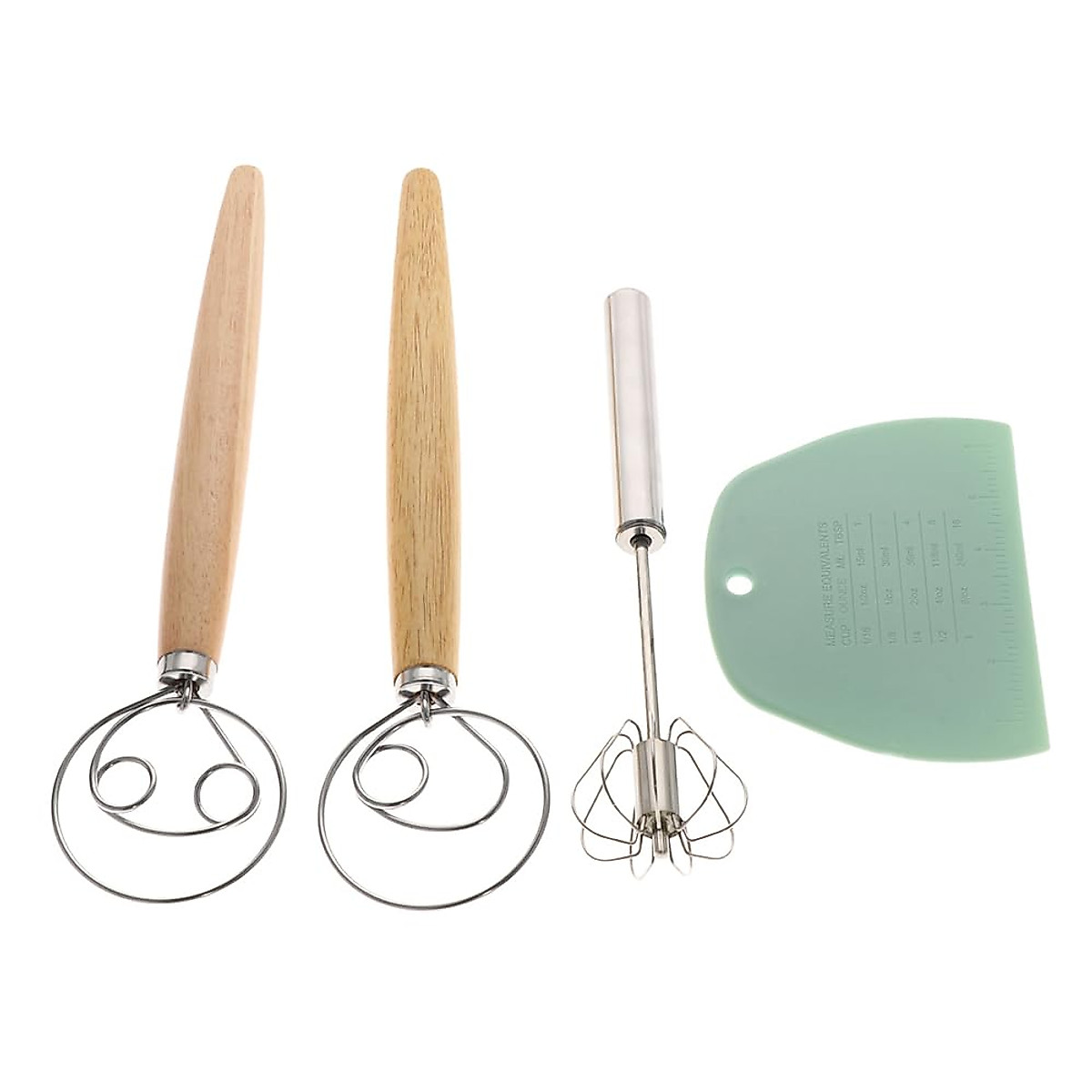 Vctitil 4Pcs Dough Whisk Bread Mixer&Egg Whisk Kits,Bread Making Tools Set,Dutch Whisk,Hand Rotary Whisk,with a Dough Scraper,Ideal for Baking,Pastry(4pcs)