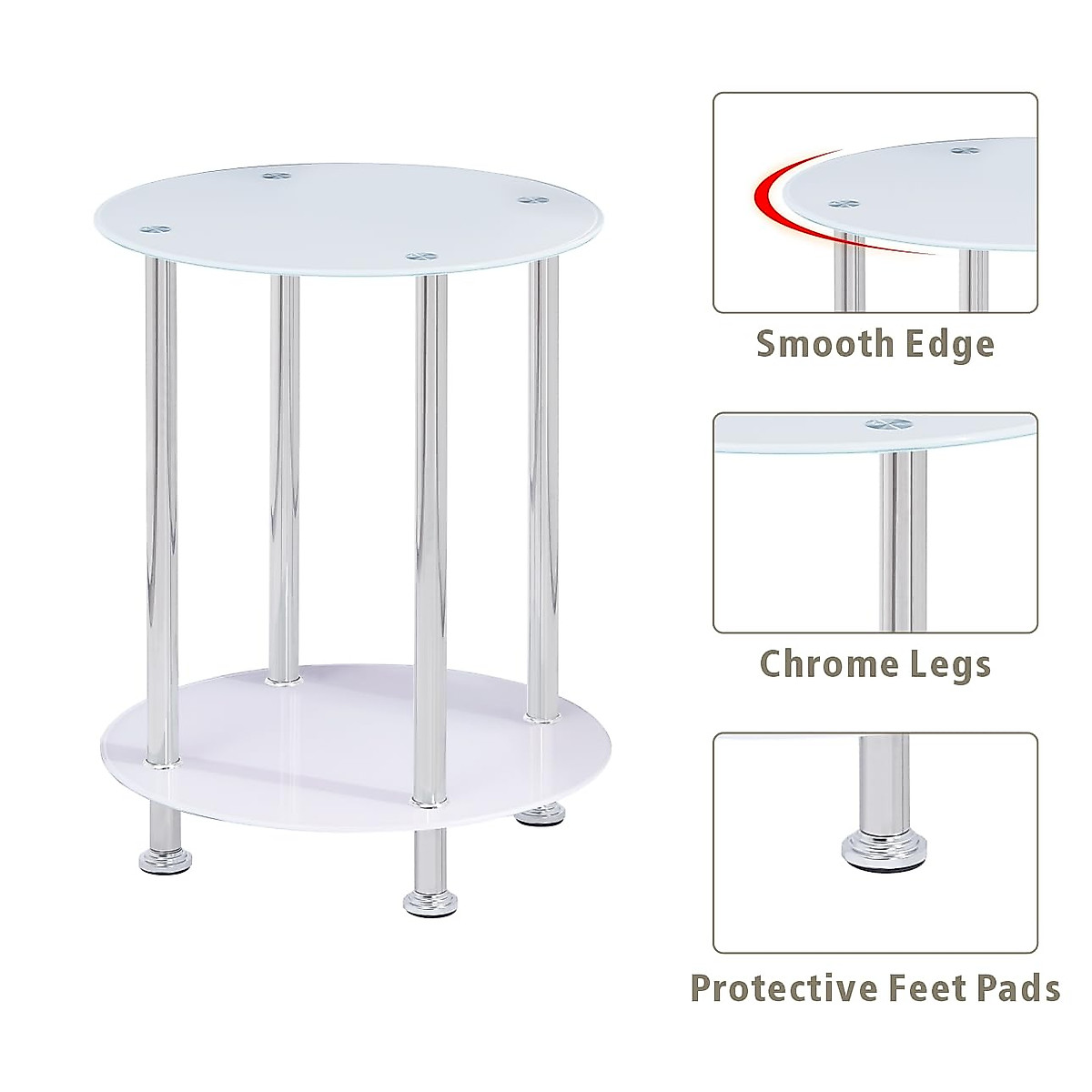 ROOIOME 2-Tier 15.75" Glass Round End Table, Glass Sofa Side Table with Storage Shelf for Living Room, Bedroom, White