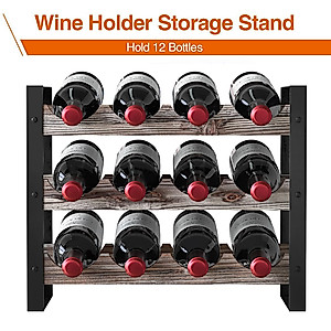 JACKCUBE Design Wine Rack Freestanding Floor 3 Tier Stackable 12 Wine Bottle Holder Storage Racks Countertop, Liquor Shelf Stand (Rustic Wood and Black Metal Frame)- MK521A