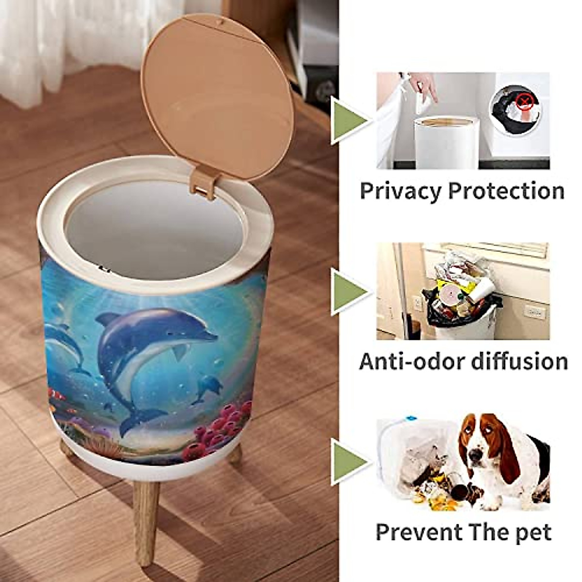 IBPNKFAZ89 Small Trash Can with Lid Pod of Lovable Dolphins Chasing one Another in Colorful Tropical Ocean Garbage Bin Wood Waste Bin Press Cover Round Wastebasket for Bathroom Bedroom Office Kitchen