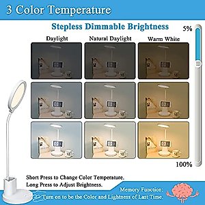 GOLSPARK LED Desk Lamp, Touch Control Desk Lamp Rechargeable 3 Color Modes with Stepless Dimmable, 360°Flexible Desk Lamp with Pen Holder, Battery Operated White Desk Lamp for Students, Dorm Reading