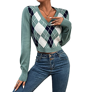 ZAFUL Women's Sweaters Long Sleeve V-Neck Argyle Knitted Crop Sweater Pullover Tops Green