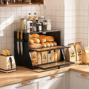 RYLTKISS Bread Box, Large Bread Box with Knife Holder, Large Bread Storage Container for Homemade Bread, Wood Breadbox Organizer for Kitchen Counter Corner, Cabinet, Pantry, Cupboard (Black)