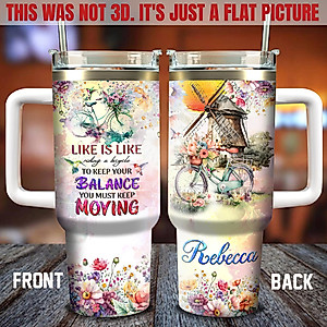 WAZONE Personalized Life Is Like Riding A Bicycle 40oz Tumbler with Handle and Straw Lid Custom Name Bicycling Gifts For Cyclist Biker Bicyclist Stainless Steel Travel Mug Flower Windmill