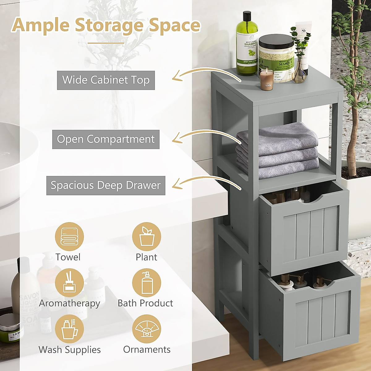 Tangkula Small Bathroom Storage Cabinet with 2 Removable Drawers, Wood Freestanding Floor Cabinet for Bathroom, Anti-Tipping Device, Side Corner Small Cabinet for Small Spaces (Grey)