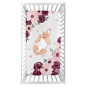 Sweet Jojo Designs Burgundy Watercolor Floral Girl Fitted Crib Sheet Baby or Toddler Bed Nursery Photo Op - Blush Pink, Maroon, Wine, Rose, Green and White Shabby Chic Flower Farmhouse