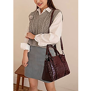 GJGJTER Women Patent Leather Bucket Bag Embossed Shoulder Handbag Crossbody Purse-Dark Brown