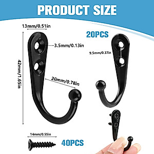hoeslaw 20PCS Wall Mount Coat Hooks, Metal Heavy Duty Hanger with 40PCS Screws, Rustproof Wall Mout Hook for Hanging Towel Robe Bag Cup Bathroom Bedroom Kitchen Living Room Hotel Garage Pool (Black)