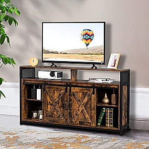 VINGLI Farmhouse TV Stand with Sliding Barn Doors for 65+ Inch TV Flat Screen, Rustic Entertainment Center Media Console Table Cabinet w/Adjustable Shelves (Rustic Brown)