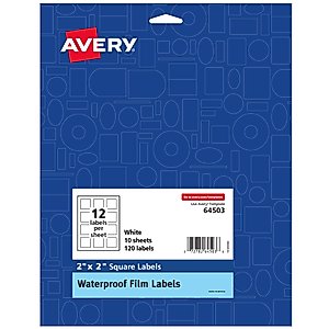 Avery Durable Waterproof Oil-Resistant Film Labels with Sure Feed Technology, 2" x 2" Square, Laser/Pigment-Inkjet, 120 Labels (64503)