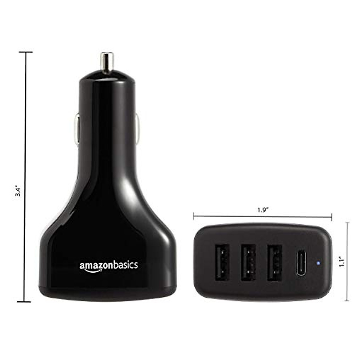 Amazon Basics 54W 4-Port USB Car Charger, with 1 USB-C (18W) Port with Power Delivery and 3 USB-A (12W) Ports - Black