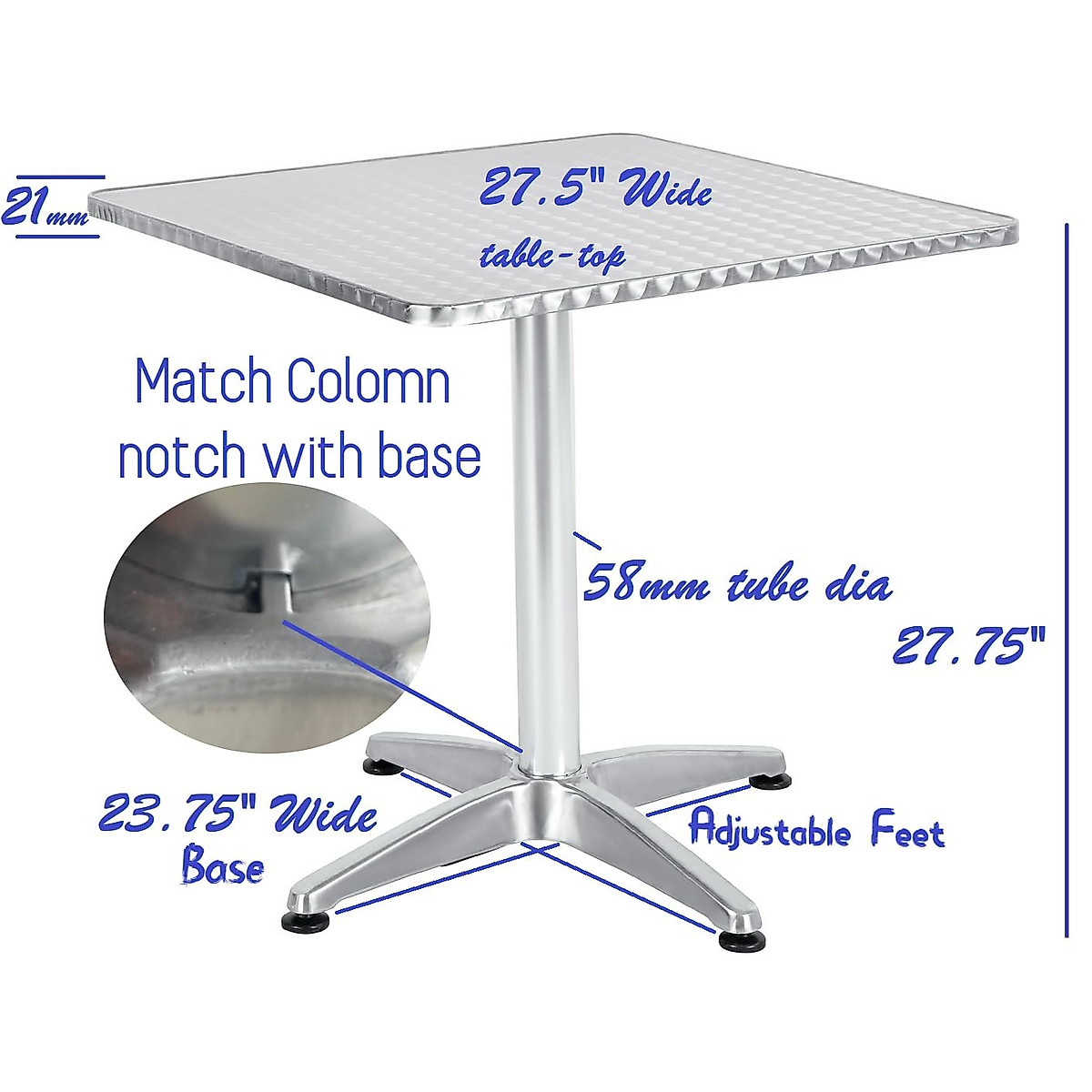 BTEXPERT Indoor Outdoor 27.5" Square Restaurant Table for Patio Stainless Steel Silver Aluminum Furniture with Base Set of 2
