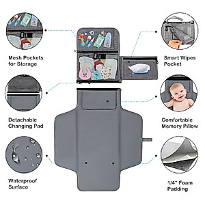 Portable Diaper Changing Pad, Baby Changing Mat with Smart Wipes Pocket, Waterproof Changing Station Kit, Foldable Changing Pad for Baby Shower, Travel, Walking
