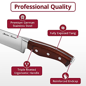 Master Maison Walnut Kitchen Knife Set With Knife Block & Bonus Cleaver | German Stainless Steel Knives With Knife Sharpener & 8 Steak Knives | Butcher Block Knife Sets For Kitchen