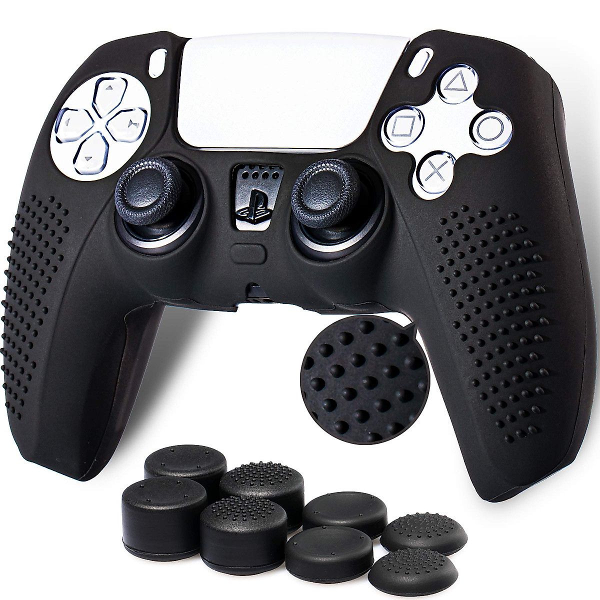 Playrealm Soft 3D Dots Silicone Skin Cover x 1 & Thumb Grips x 8 for PS5 Dualsenese Controller (Black)