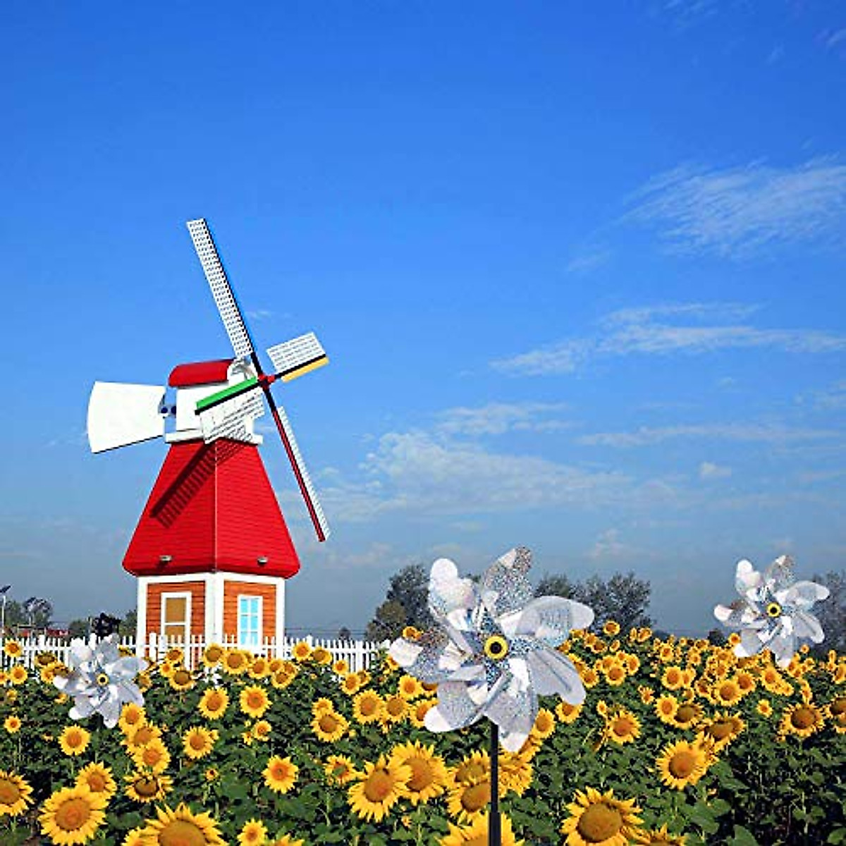 BATTIFE 10 Pack Reflective Pinwheels for Yard and Garden, Pre-Installed Bird Blinder Sparkly Pin Wheel, Scare Birds & Animal Away Wind Spinner (Sliver)