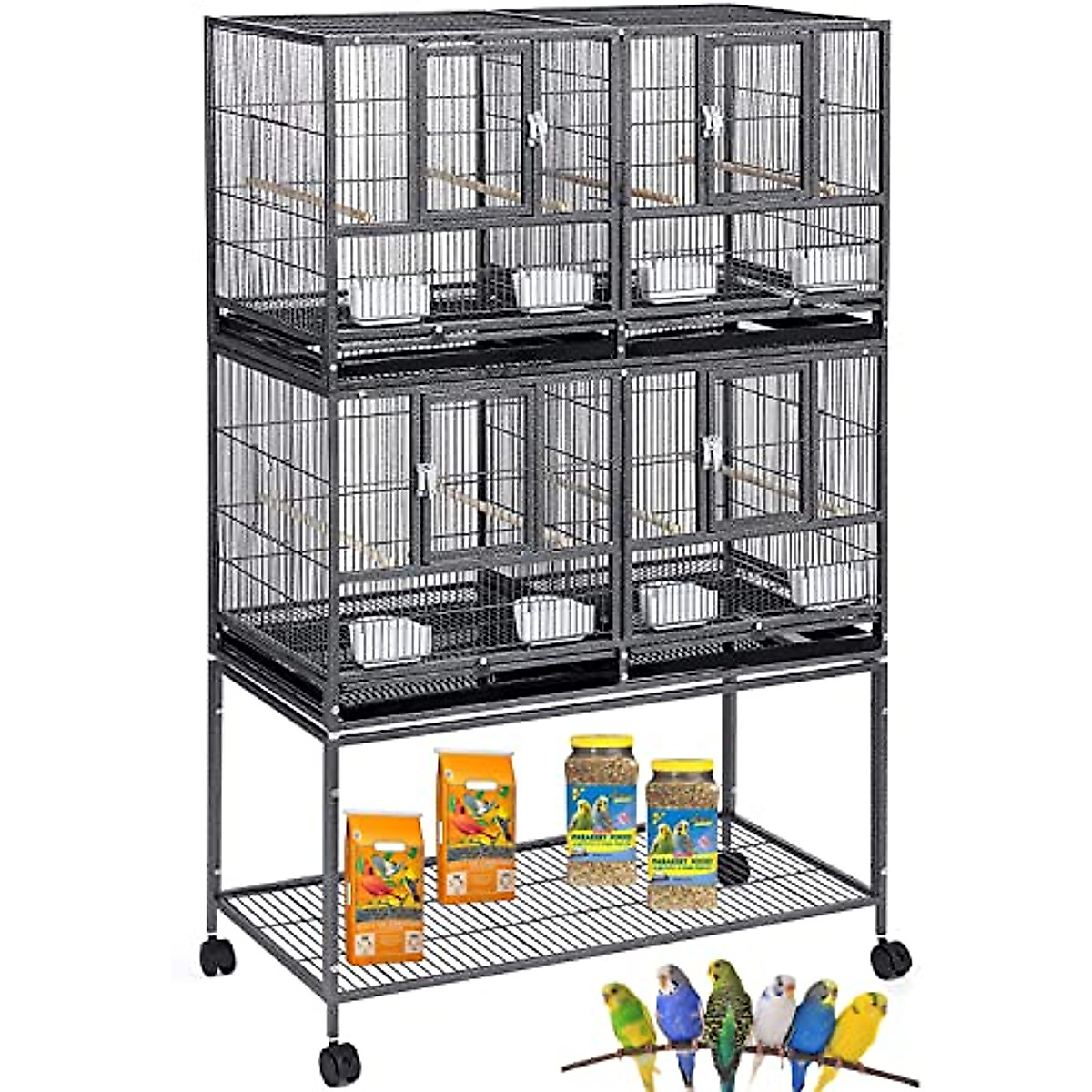 1/2/3-Combo Stacker Center Divided Breeder Breeding Bird Flight Double Rolling Cage for Aviaries Canaries Cockatiels Lovebirds Finches Budgies Small Parrots (Black Vein, Two Stacker)