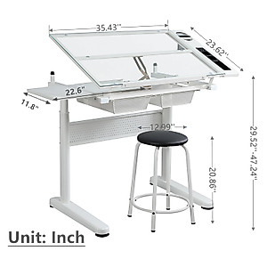 Gagawin Glass Drafting Table, Adjustable Height Drawing Table, Upgraded Hand Crank Artist Table with Stool for Home Office, Tilting Art Craft Desk w/2 Storage Drawers and Side Table, White