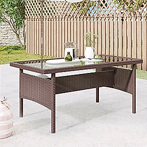EMKK Furniture 6 pcs Outdoor Patio Sectional Couch PE Wicker Rattan Sofas Set Dining Table with Removable Cushions and Tempered Glass Tea for Backyard, Poolside, Deck, Brown +Blue