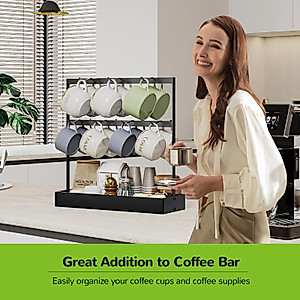 Coffee Mug Holder with Hooks, 14 Capacity Coffee Cup Holder for Countertop, 2 Tier Mug Tree Holder Rack with Storage Base for Coffee Pod, Sugar Bags, Paper Cups, Gifts for Coffee Lover