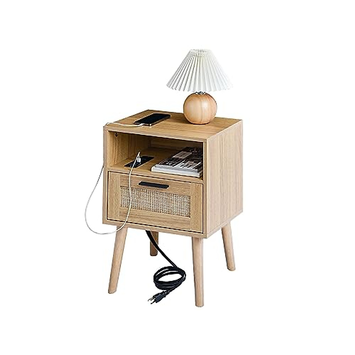 Labcosi Mid Century Modern End Table, Natural Rattan Nightstand with Charging Station, Wooden Bedside Tables for Living Room and Bedroom, Natural Wood Side Table with Storage Drawer