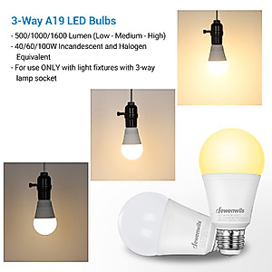 DEWENWILS LED 3 Way Light Bulbs, 40/60/100W Equivalent Three Way A19 LED Light Bulbs, E26 Medium Base 2700K Warm White Glow, 500/1000/1600LM Bright Light Bulbs, Non-dimmable, ETL Listed, 4-Pack