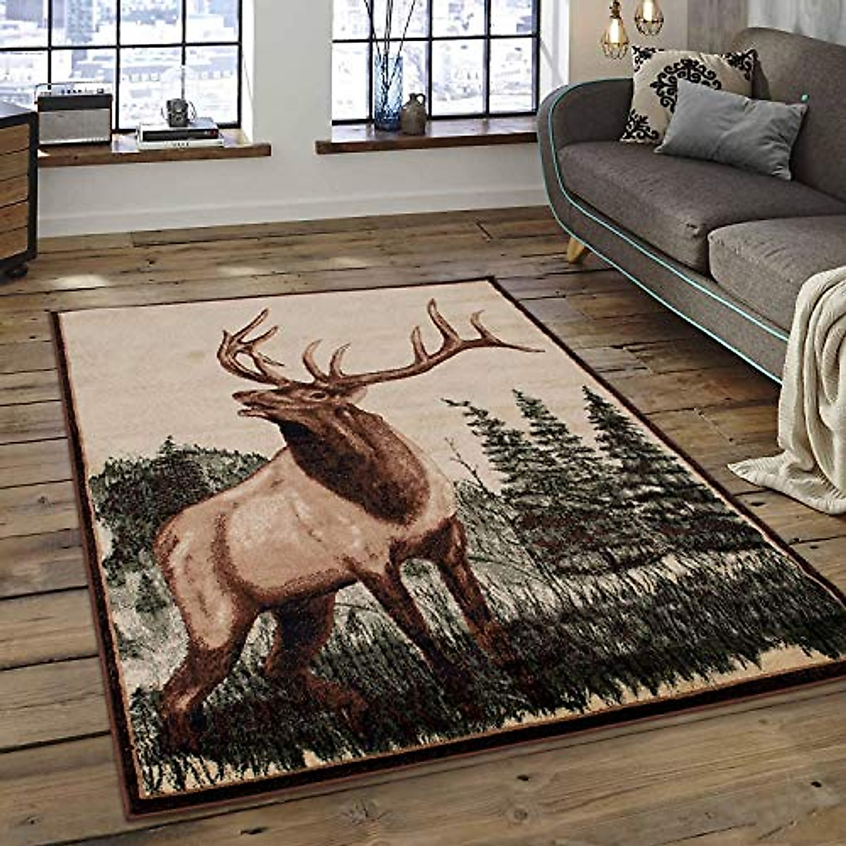 Champion Rugs Rustic Lodge Cabin Decor Elk Deer Fern Pine Trees Area Rug (3 Feet 10 Inch X 5 Feet 2 Inch)