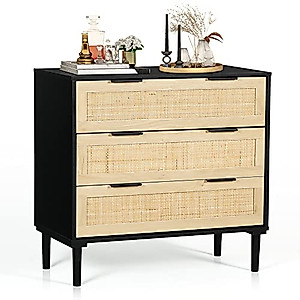 LAZZO Rattan 3 Drawer Wood Dresser Boho Large Storage Cabinet Nightstand Chest for Bedroom Mid Century Modern Chest of Drawers Wide Closet Dresser Storage Organizer