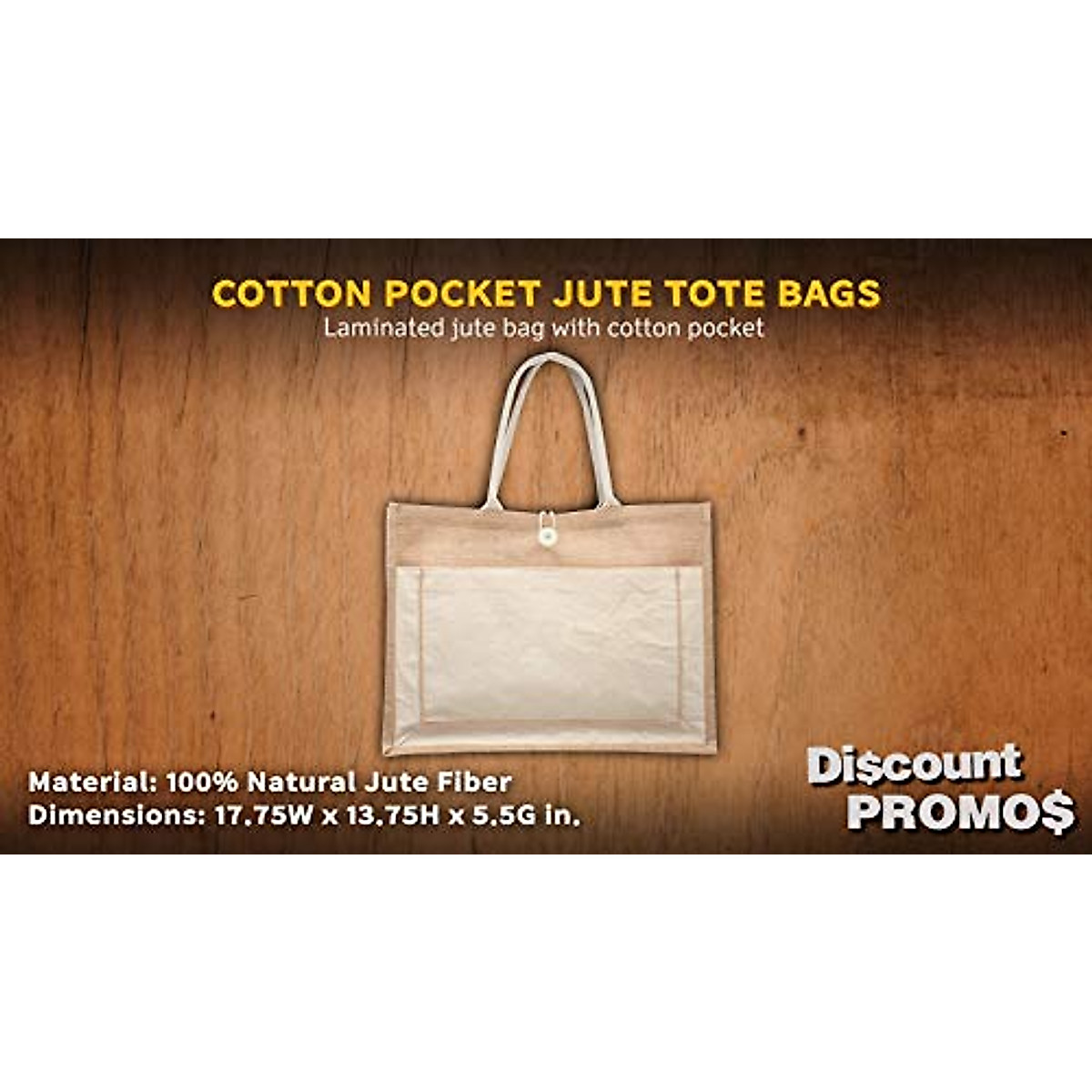 DISCOUNT PROMOS Jute Tote Bags with Cotton Pocket Set of 6, Bulk Pack - Reusable, Great for Picnic, Camping, Beach, Outdoor Activities - Natural