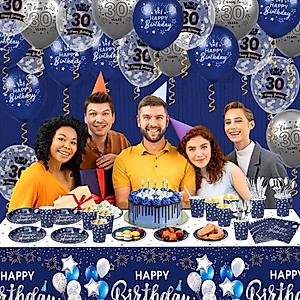 30th Birthday Decorations for Men and Women, 131 PCS Navy Blue Silver 30th Birthday Party Supplies Includes Blue Happy 30th Birthday Banner Balloons Napkins Cups Tablecloth Plates Foil Backdrops for