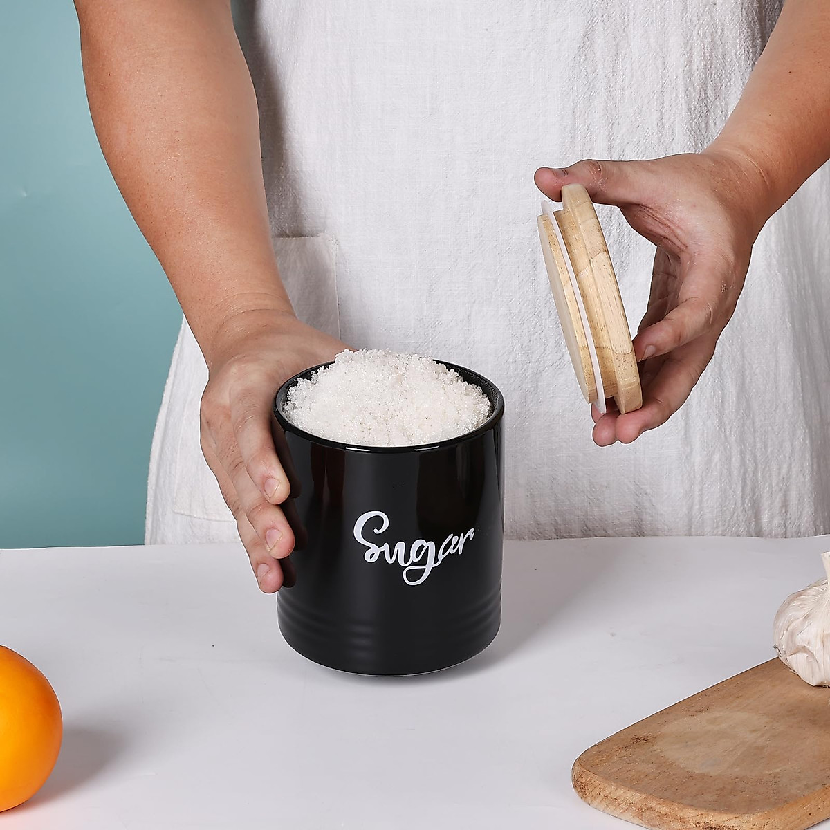 LEETOYI Porcelain Food Storage Containers with Lid, 4.5 Inch 31oz, Black Labeled Sugar