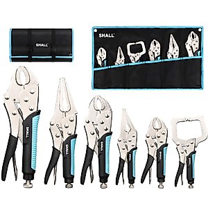 SHALL 6-Piece Locking Pliers, Vice Grips Pliers Set, 5",7" & 10" Curved Jaw Locking Pliers, 6-1/2" & 9-1/2 Long Nose Locking Pliers, 6" Locking C-Clamp, Two-Color TPR Handle, Roll Up Pouch Included