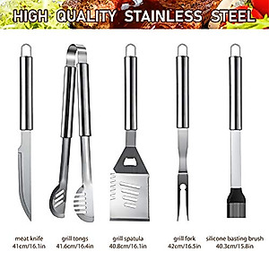 HUSSAR 34PCS BBQ Grill Tools Set Stainless Steel Grilling Accessories with Spatula, Tongs, Skewers for Barbecue, Camping, Kitchen, Complete Premium Grill Utensils Set in Storage Bag, Silver, (BTS-34)