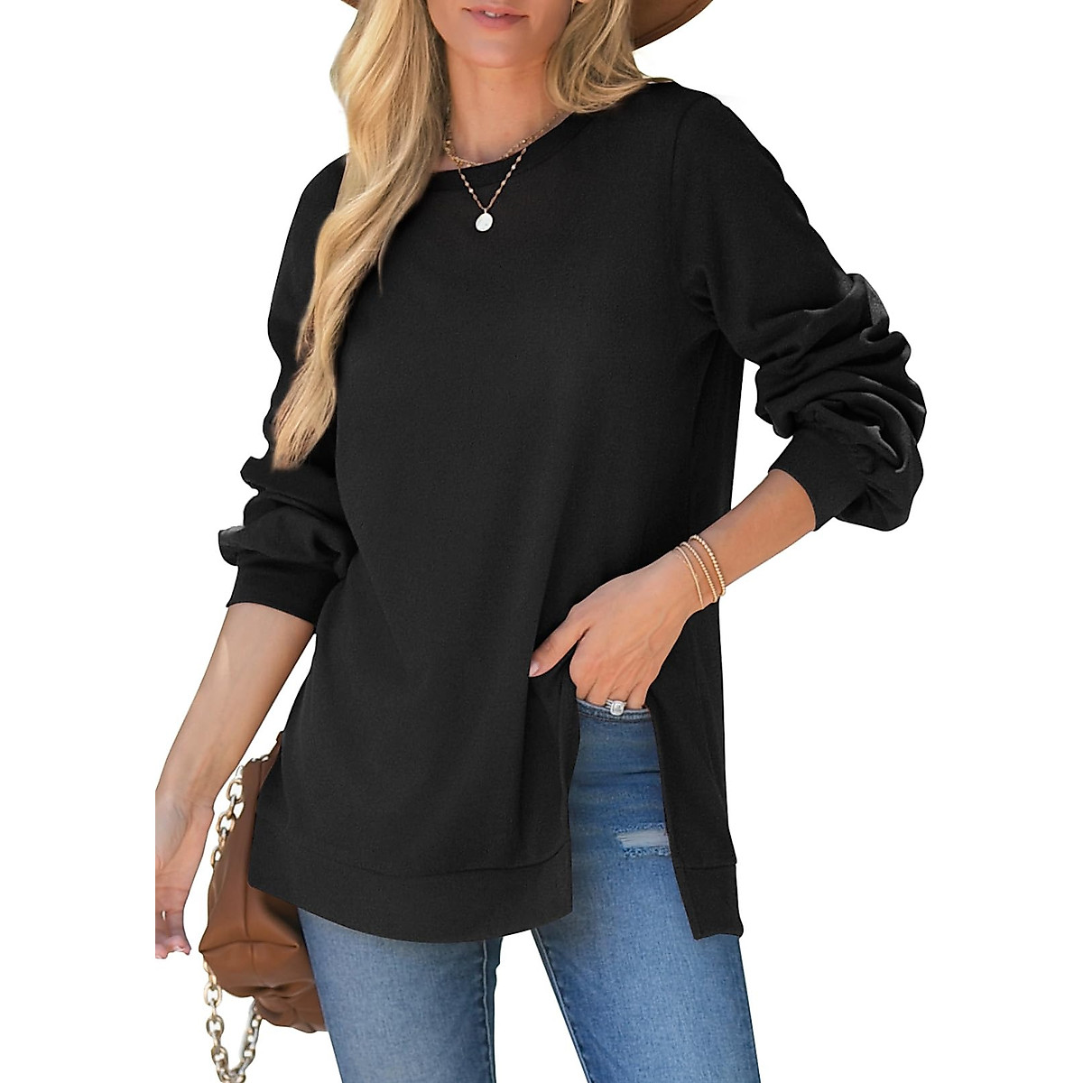 WIHOLL Womens Tops Dressy Casual Long Sleeve Black Crewneck Sweatshirt Lightweight XL