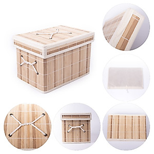 BEMIAO Foldable Bamboo Storage Organizer with Lid, Premium Fabric Wicker Bin, Storage Bin, Natural Basket for Closet, Nursery, Bedroom, Living Room, Light Brown