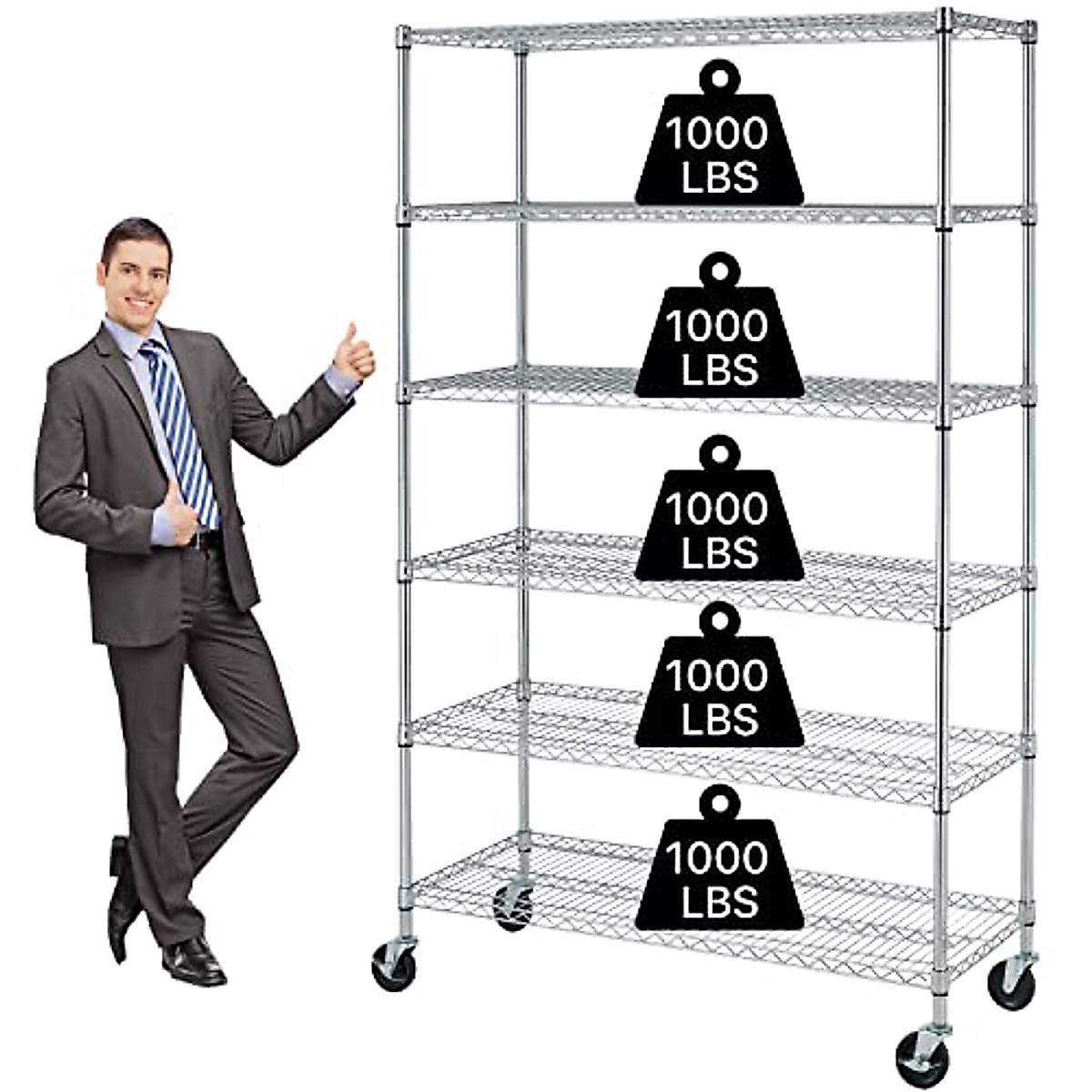 Heavy Duty 6 Tier Wire Shelving Unit Adjustable Storage Rack on Wheels 6000 Lbs Weight Capacity Metal Shelves Space Saving Wire Shelf Multifunctional Garage Shelving for Commercial Storage, Chrome