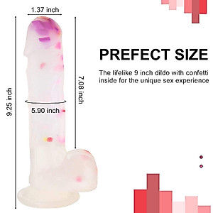 Dildo 9" Realistic Huge Dildo with Suction Cups Adult Sex Toy Penis with Curved Dick and Balls for G-Spot Vagina and Anal Sex Toys for Adults Women Men and Gay Couples (Clear)