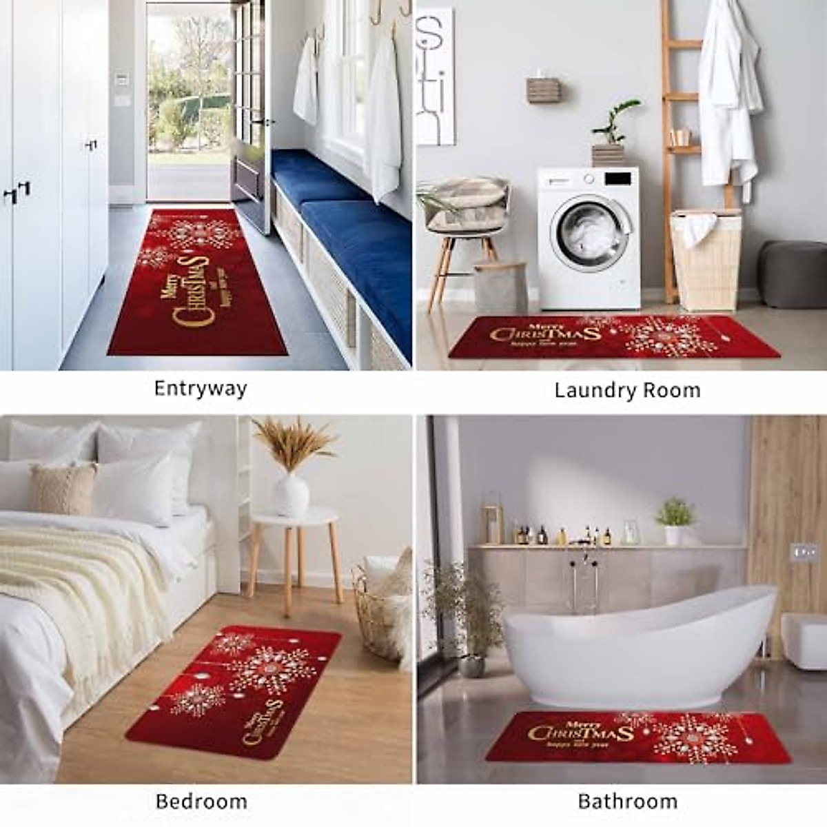 JasmineM Christmas Snowflake Shiny Diamonds Kitchen Rugs and Mats Set of 2, Christmas Decorations Indoor Outdoor Kitchen Floor Mats, Xmas Non-Slip Runner Rug for Bathroom Living Room, Red