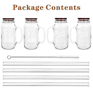 ANOTION Mason Jar Iced Coffee Cup with Handle, 24oz Regular Mouth Mason Jars with Lid and Straw Glass Coffee Drinking Glasses Tumbler Reusable Cups Bottles for Travel Office Home