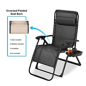 Outdoor Oversized Zero Gravity Chair, XL Adjustable Patio Lounge Recliner Chair with Lumbar Support and Pillow, Folding Recliner for Backyard, Beach, Lawn Pool Deck Camping with Cup Holder, Black