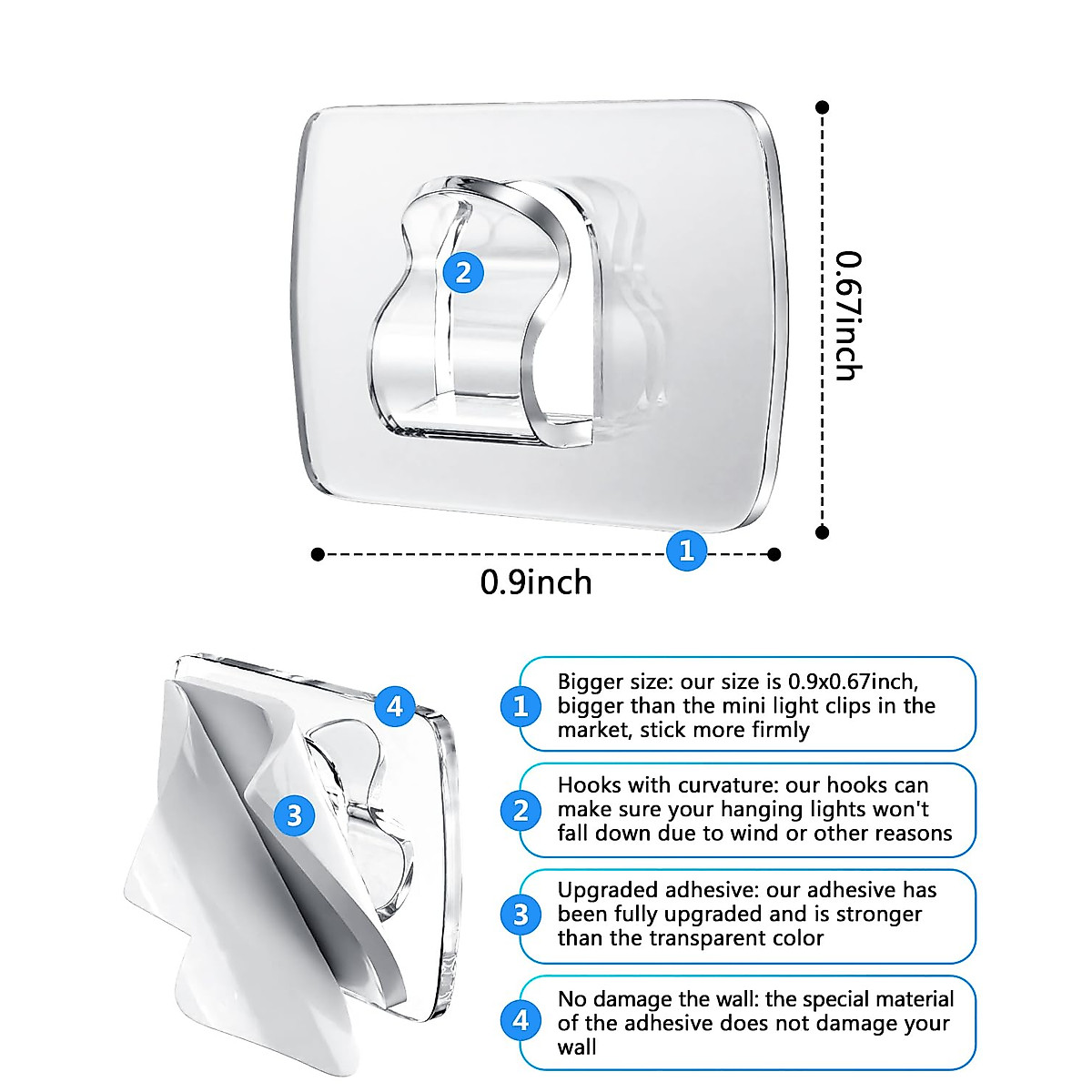 ispneay Mini Light Clips Small Adhesive Hooks: Indoor 100 Clear Mini Clips and 110 Strips for Hanging - Tiny Decorative Wall Hooks for Lights - Christmas Decorations Halloween Decor Small Hooks