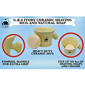 G.B.S Heavy Duty Ceramic Ivory Shaving Mug with Knob Handle and Natural Soap