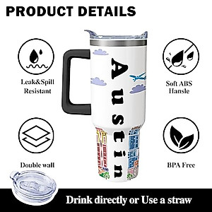 Vehcimbev City Themed Tumbler - 40oz With Hanld Stainless Steel Travel Coffee Mug with Leak Proof Lid - Hot/Cold Drinks,Perfect Austin Souvenir Gift (Austin)