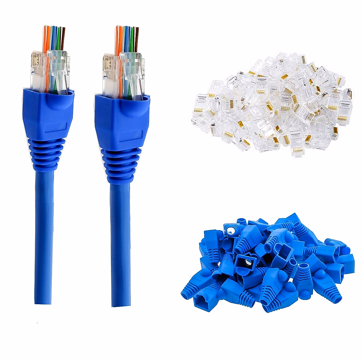 PETECHTOOL RJ45 Cat6 Pass Through Connectors Gold Plated 8P8C Ends and Blue Strain Relief Boots for CAT6 RJ45 Ethernet Network Cable Connector Plug Cover 100/100 (200 Packs Total)