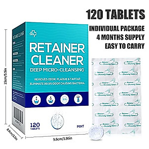 Retainer & Denture Cleaner Tablets 120 Pcs (4 Months Supply) - Retainer Cleaner Tablet for Retainers, Dentures, Night & Mouth Guard, Removable Dental Appliance, Removes Stains & Plaque, Mint Flavor