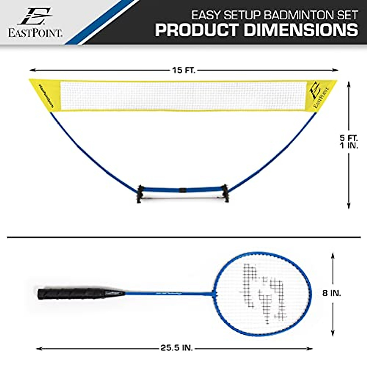 EastPoint Sports Easy Setup Badminton Set - Backyard Outdoor Game for Family Fun - Includes 2 Racket & 2 Shuttlecocks